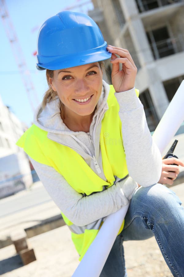 Portrait of Woman Engineer with Blue Helmet Stock Photo - Image of ...
