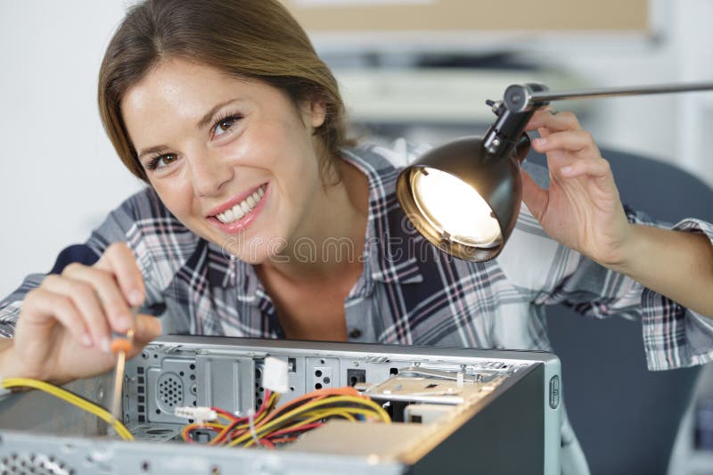 Portrait Woman Fixing Computer at Work Stock Photo - Image of ...