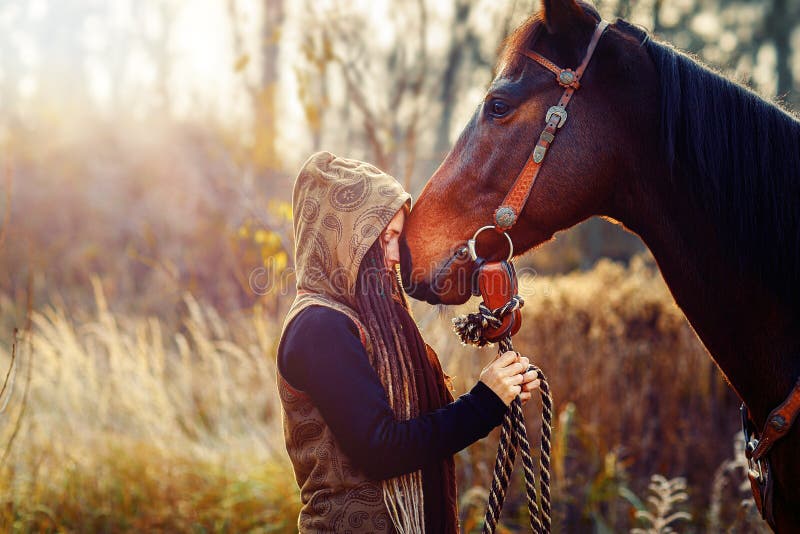 Portrait Woman and Horse Outdoors. Woman Hugging a Horse. Stock Image ...