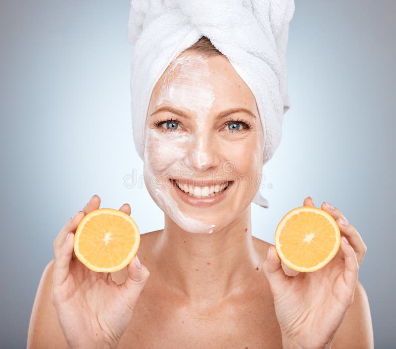 Portrait Of Woman Orange And Skincare Mask After Shower With Vitamin C