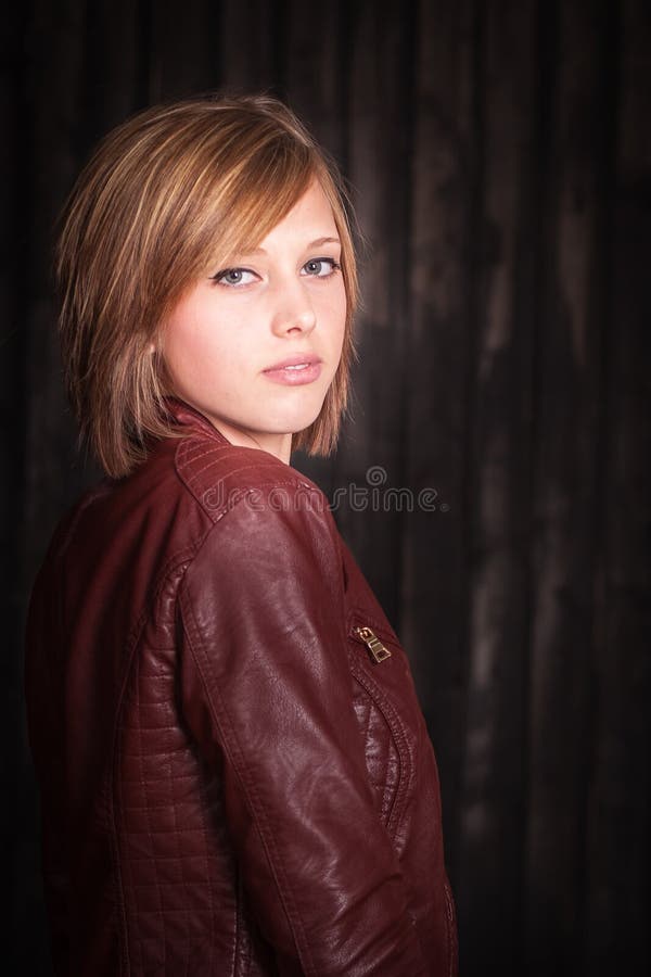 Portrait Woman in Red Leather Jacket Stock Photo - Image of jacket ...