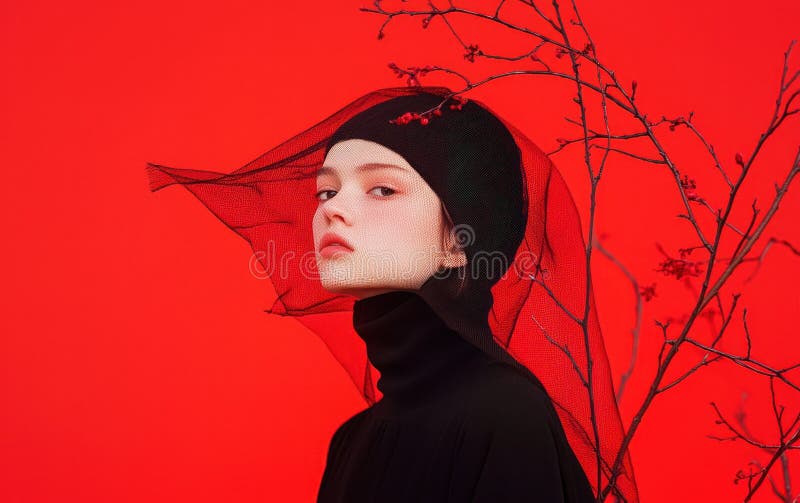 Portrait of Woman in Red Mesh Veil Against Solid Red Background Stock ...