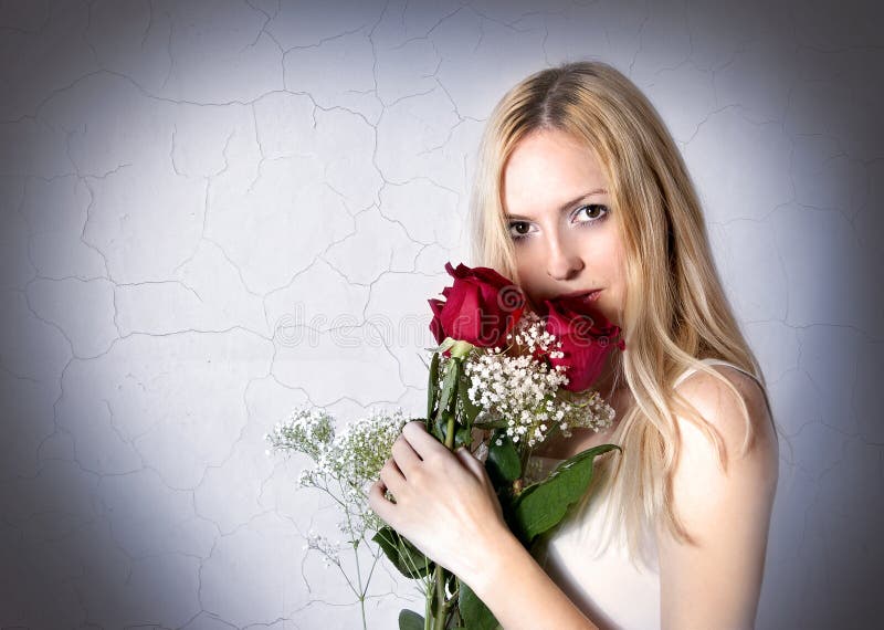 Portrait of Woman with Red Roses Stock Image - Image of roses, bunch ...