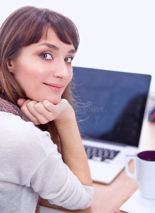 Portrait Of Woman Sitting At Desk With A Laptop Stock Image Image Of
