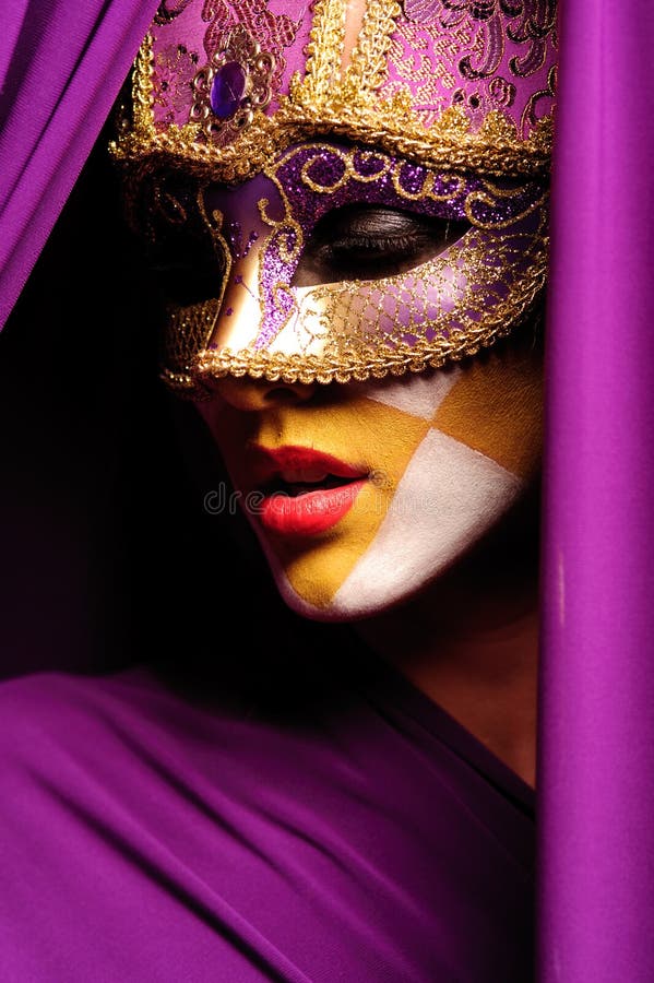 Portrait of Woman in Violet Mask Stock Photo - Image of jester, fashion ...