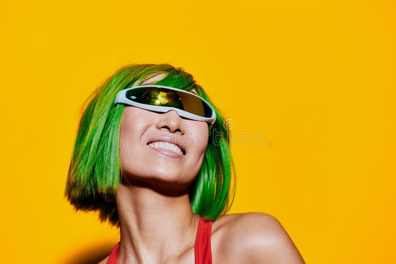 Portrait Woman Wig Trendy Sunglasses Beauty Swimsuit Fashion Smile