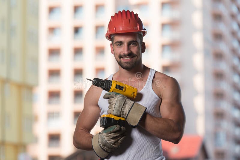 Portrait of a Worker with Drill Stock Photo - Image of occupation ...