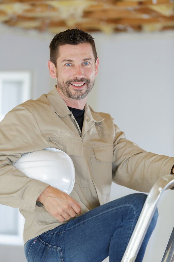 Portrait Worker with Ladder Stock Image - Image of painter, yellow ...