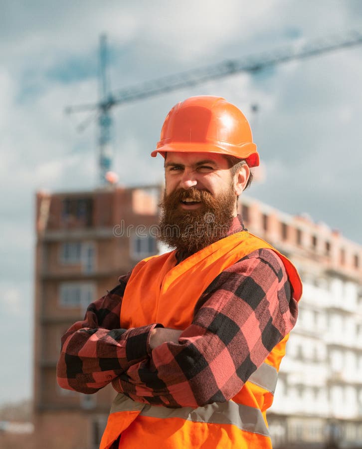 Portrait of Worker Man at Construction Site. Industrial Theme. Stock ...