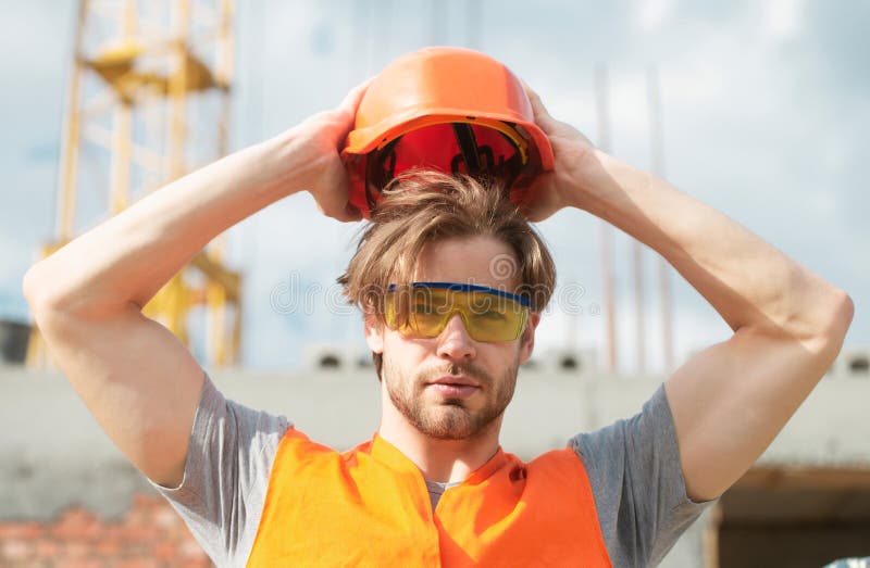 Portrait of Worker Man at Construction Site. Portrait of Construction ...