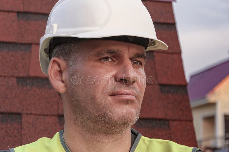 Portrait of a Worker in the White Helmet Stock Photo - Image of ...