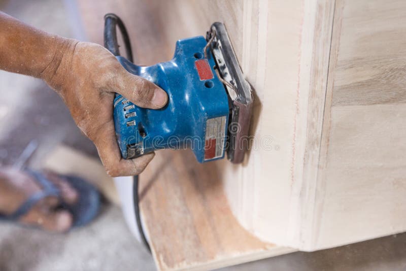 Workers Hands at Carpenter Workspace Refining the Surface of Woo Stock ...