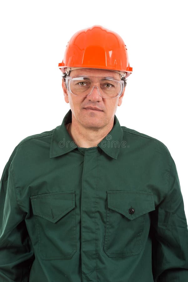 Workman in Overalls and Helmet Showing Different G Stock Photo - Image ...