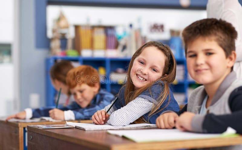 Portrait, Writing and Happy Kids in Class for Education in Growth ...
