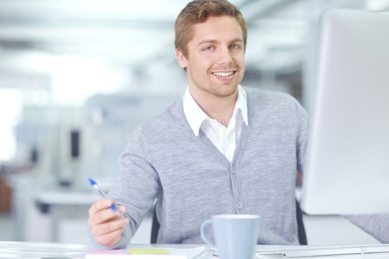Portrait, Writing Notes and Business Man on Computer for Research ...