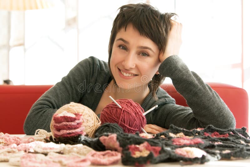 Portrait of a Young Beautiful Girl with Knitting Stock Image - Image of ...