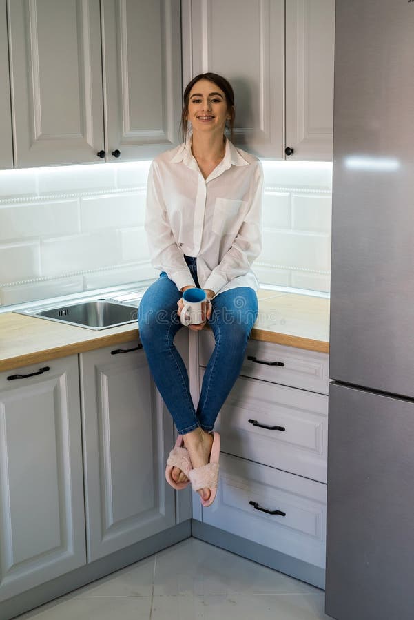 Portrait of Young Beautiful Girl Posing in the Kitchen Stock Image ...