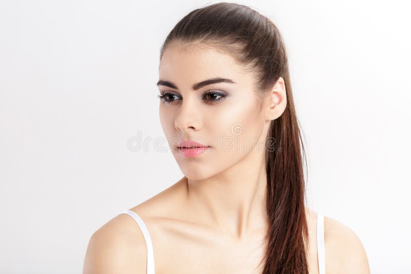 Portrait Of Young Beautiful Woman Brunette With Natural Makeup Girl