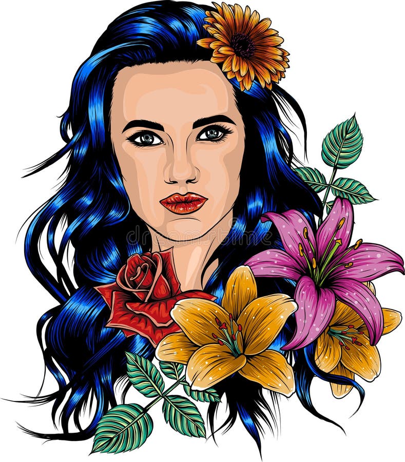 Portrait of Young Beautiful Woman with Flowers Stock Vector ...