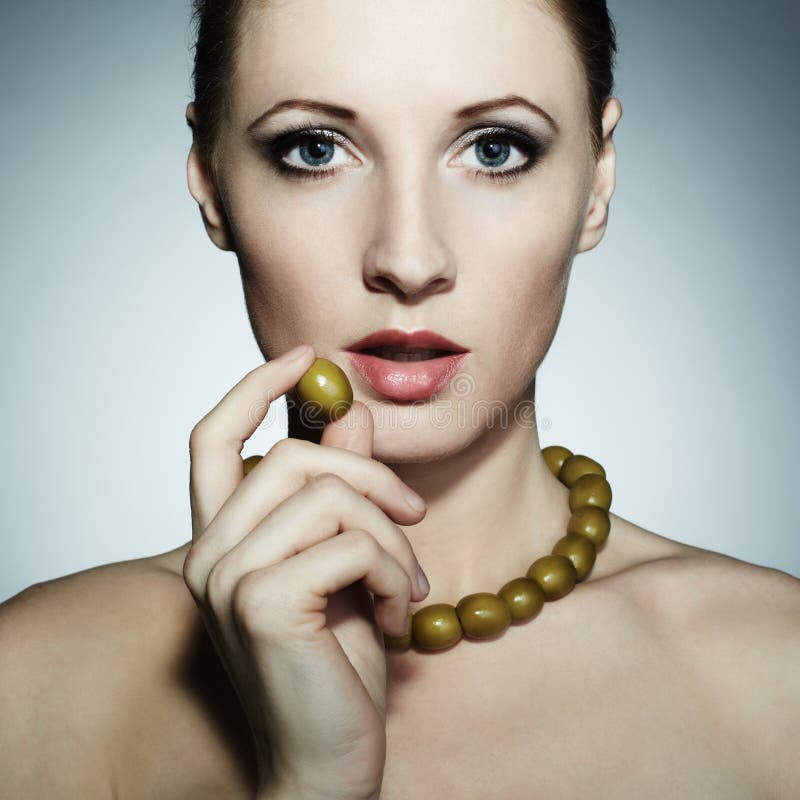 Portrait of the Young Beautiful Woman with Olives Stock Image - Image ...