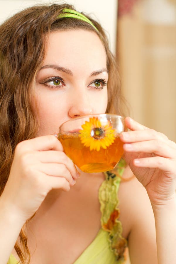 Portrait of Young Beautiful Woman with Tea Stock Photo - Image of ...