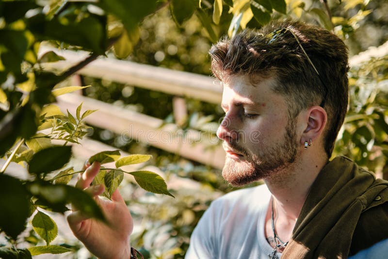Portrait of a Young Blond Guy Smelling Some Green Leaves in a Park in ...