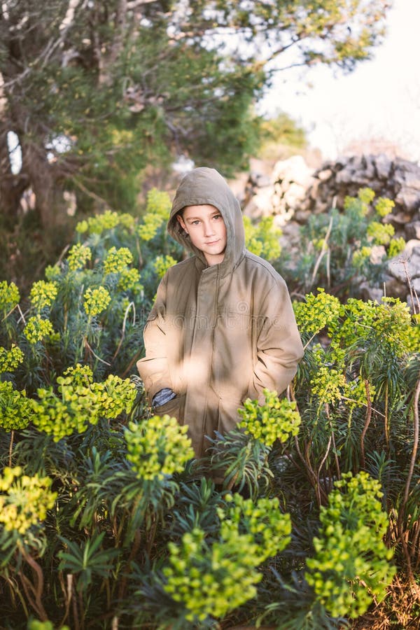 Portrait of Young Boy in Nature Stock Image - Image of calm, young ...