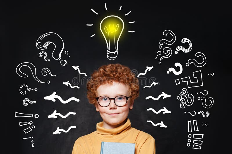 Portrait of Young Boy with Question Marks and Lightbulb Stock Photo ...