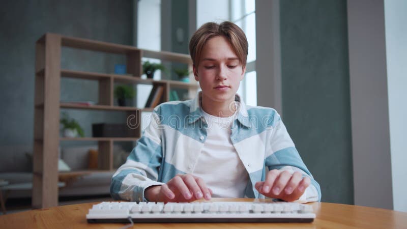 Portrait of Young Boy Typing on Keyboard of Computer Pc and Studying ...