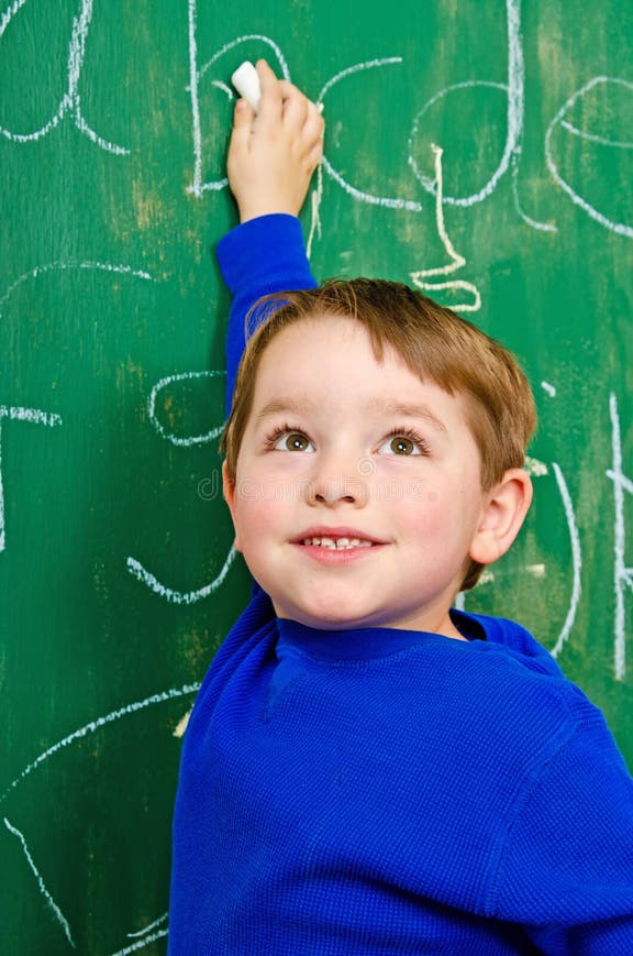 Portrait of Young Boy after Writing on Chalkboard Stock Image - Image ...