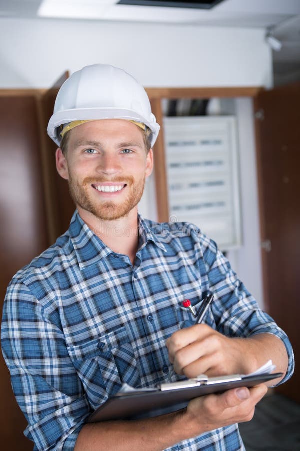 Portrait Young Builder in Hardhat Stock Image - Image of room, sanding ...
