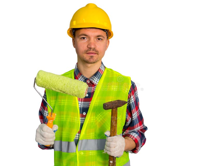 Portrait of a Young Builder with Tools in Hand Stock Photo - Image of ...