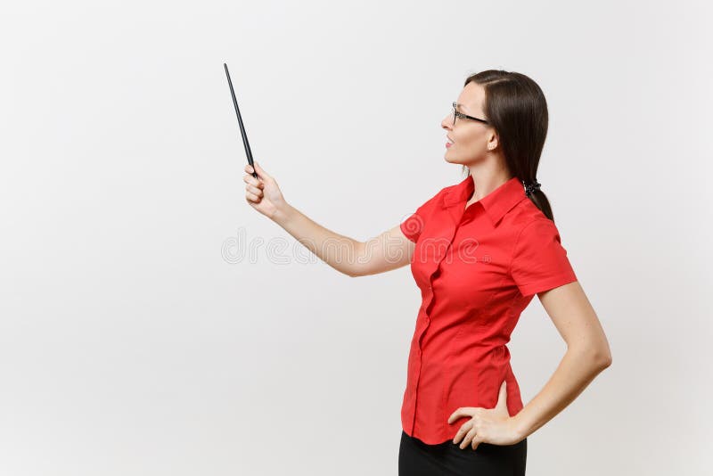 Portrait of Young Business Teacher Woman in Red Shirt Skirt Glasses ... Portrait of Young Business Teacher Woman in Red Shirt Skirt Glasses ...