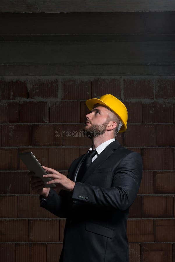 Portrait of Young Construction Manager with Personal Computer Stock ...
