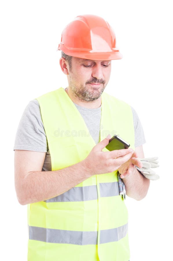 Portrait of Young Constructor Working with Modern Telephone Stock Photo ...
