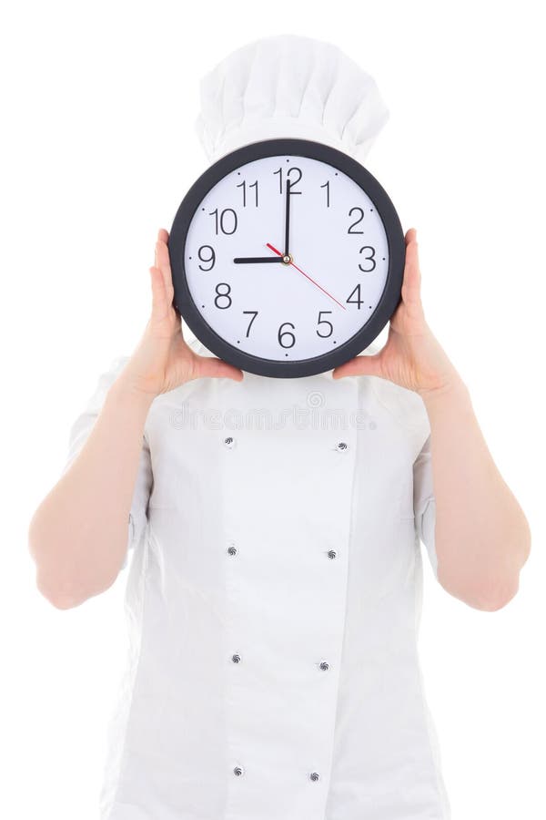 Portrait of Young Cook Woman in Uniform with Clock Isolated on W Stock ...