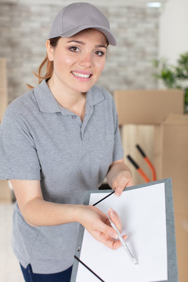 Portrait Young Delivery Woman Showing Confirmation Document Stock Photo ...