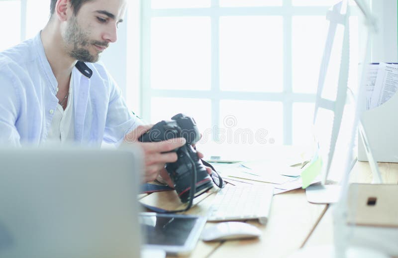 Portrait of Young Designer Sitting at Graphic Studio in Front of Laptop ...