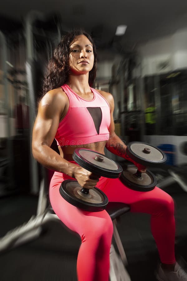 Portrait of Young Female Bodybuilder with Dumbbells at Gym Stock Photo ... Portrait of Young Female Bodybuilder with Dumbbells at Gym Stock Photo ...