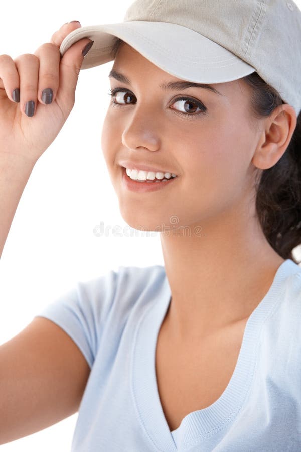 Portrait of Young Girl in Baseball Cap Smiling Stock Image - Image of ...