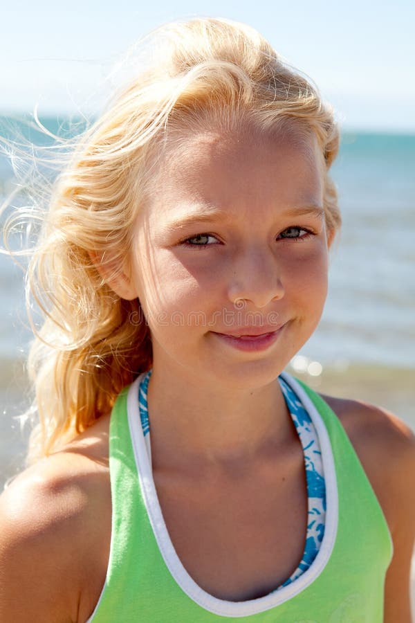 Portrait of Young Girl on the Beach Stock Image - Image of closeup ...
