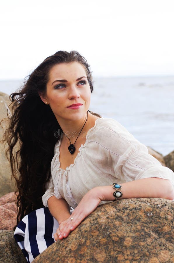 Portrait of a Young Girl on the Stone Shore Stock Image - Image of ...
