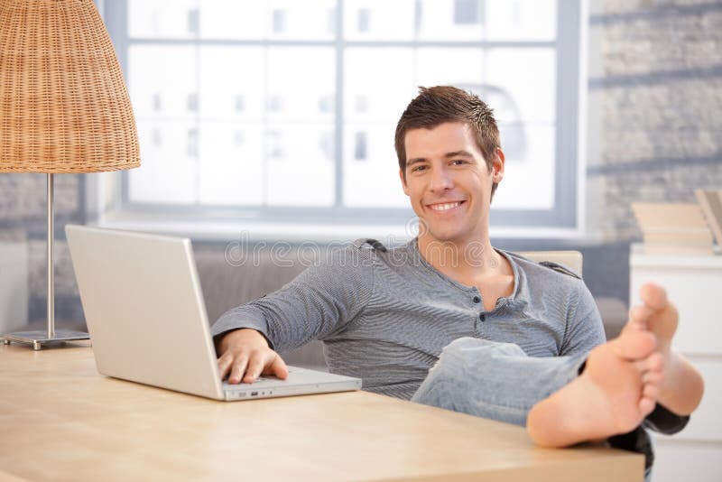 Portrait of Man at Home with Computer Stock Image - Image of face ...