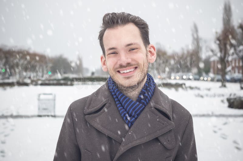 Young Handsome Man with Beard Smiling Laughing in Winter Snow Stock ...