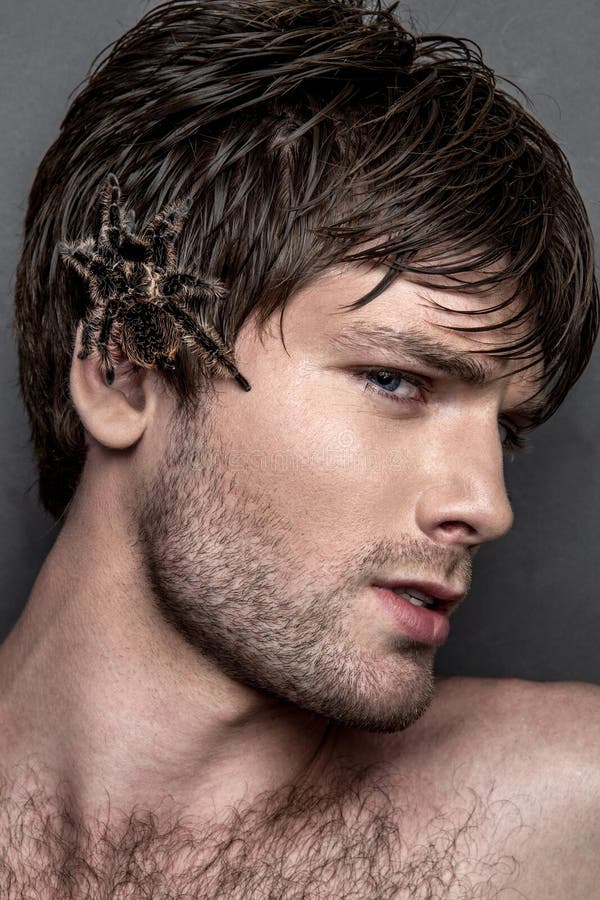 Portrait of a Young Handsome Man with Spider on His Face Stock Image ...
