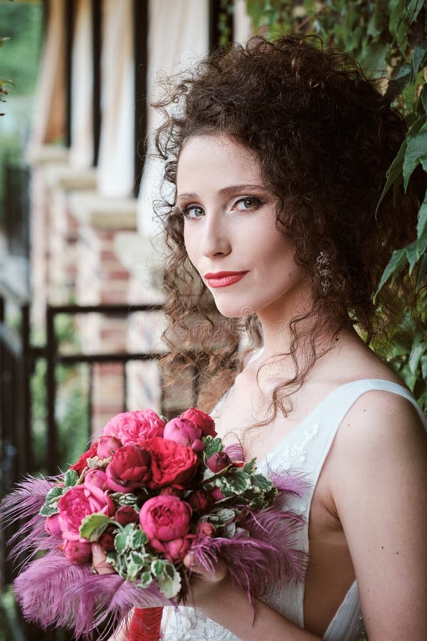 Portrait of Young Happy Bride with Bouquet Stock Image - Image of hair ...