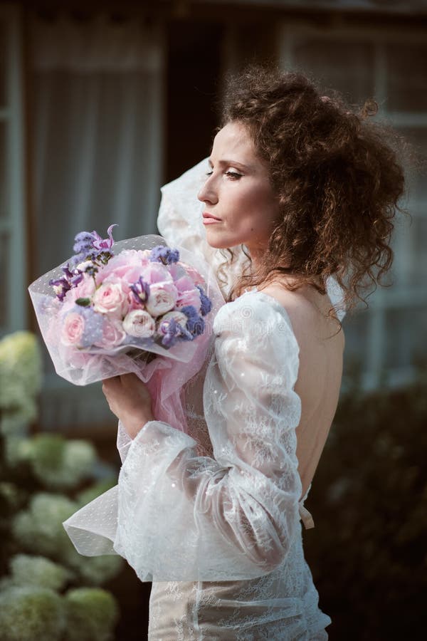Portrait of Young Happy Bride with Bouquet Stock Photo - Image of bride ...