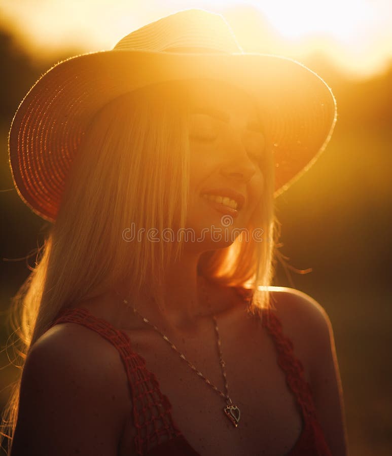 Portrait of Young Happy Woman at Sunset Stock Image - Image of dress ...