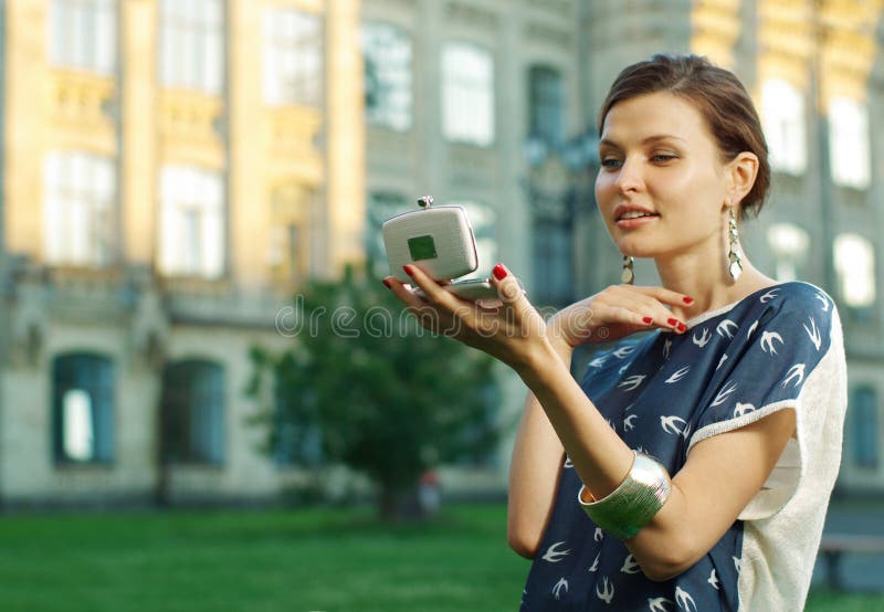 Portrait of Young Lady with Mirror Stock Image - Image of look, closeup ...