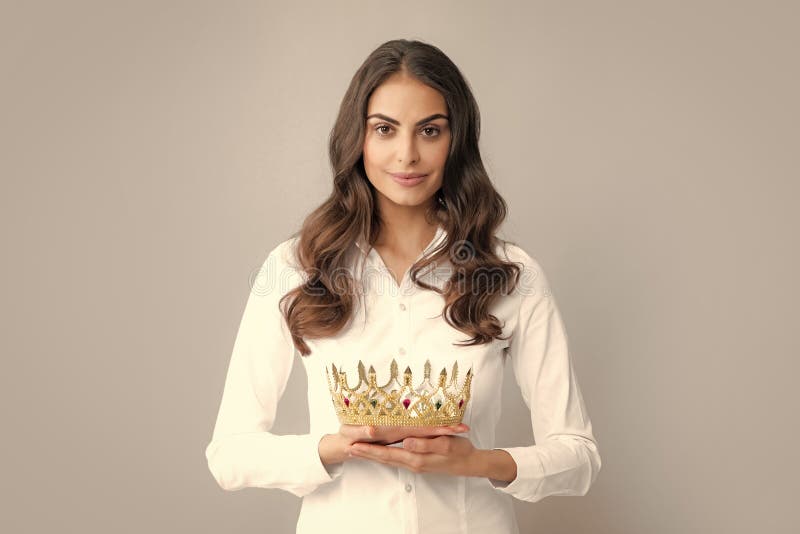 Portrait of Young Lovely Expression Woman in Crown, Isolated Studio ...